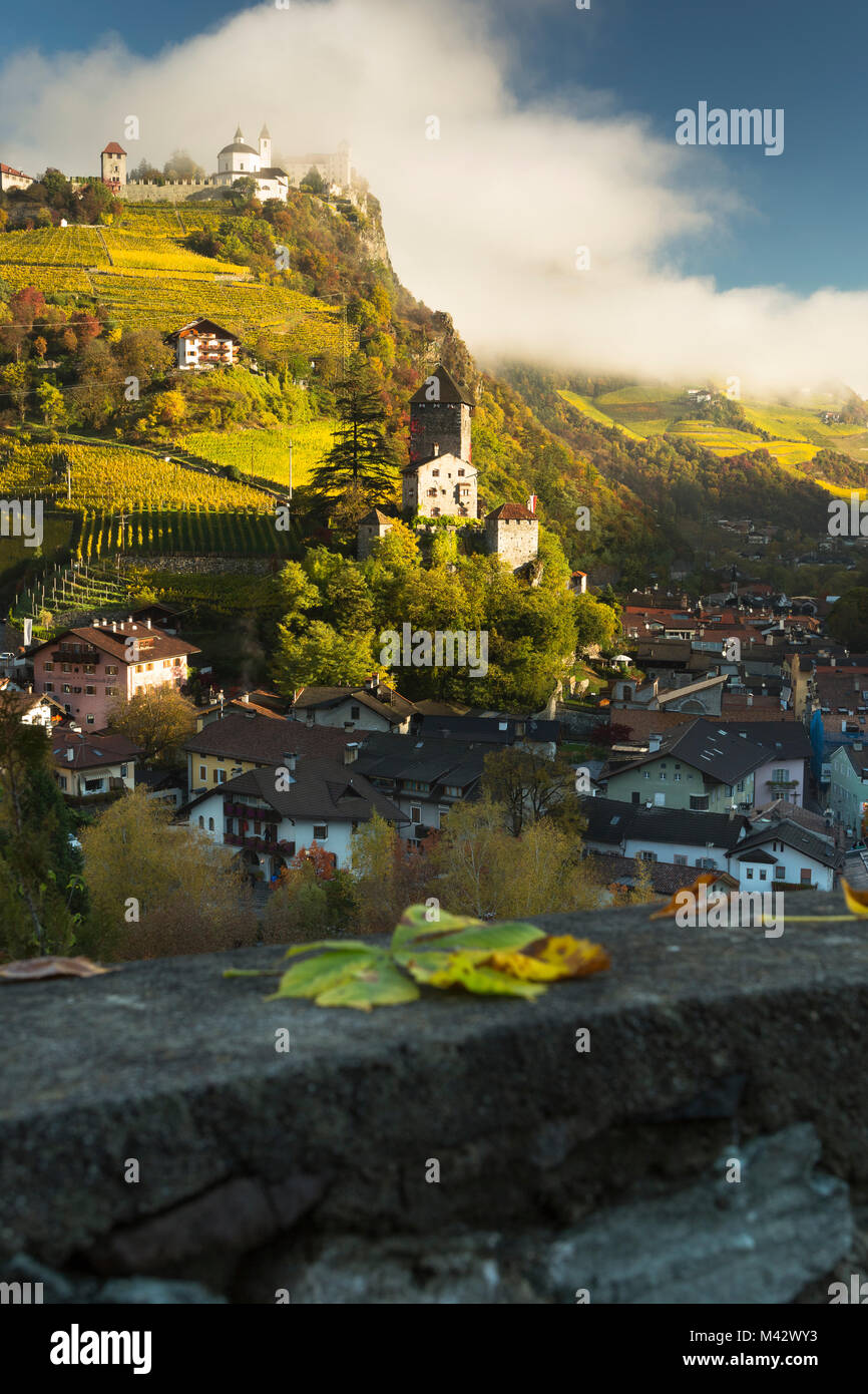 an autumn view of the village of Klausen (Chiusa), Bolzano province ...