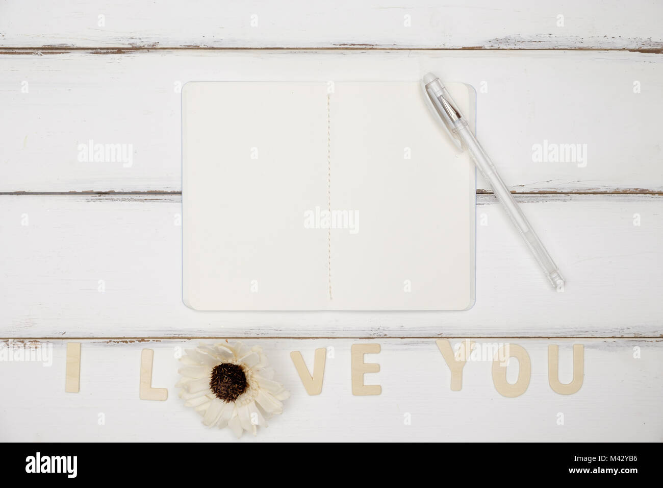 Top view open notebook, pencil and love word calligraphy on white ...