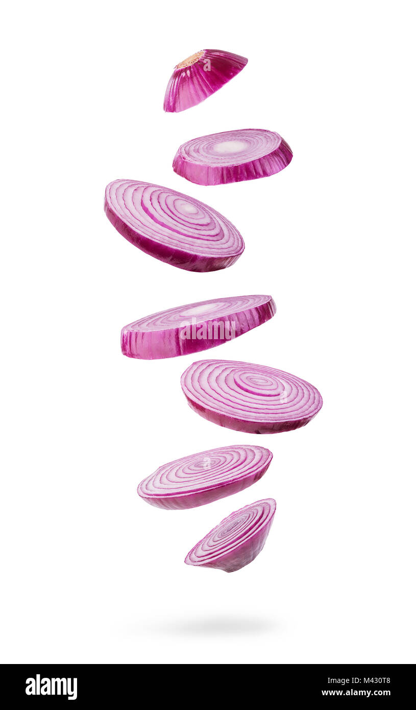 sliced and falling red onion isolated on white background Stock Photo ...