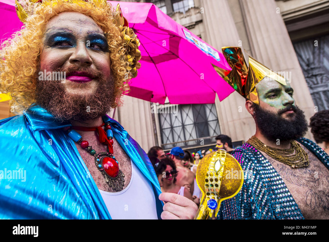 Sao Paulo, Brazil. 13th Feb, 2018. Revelers pose during street Carnival ...