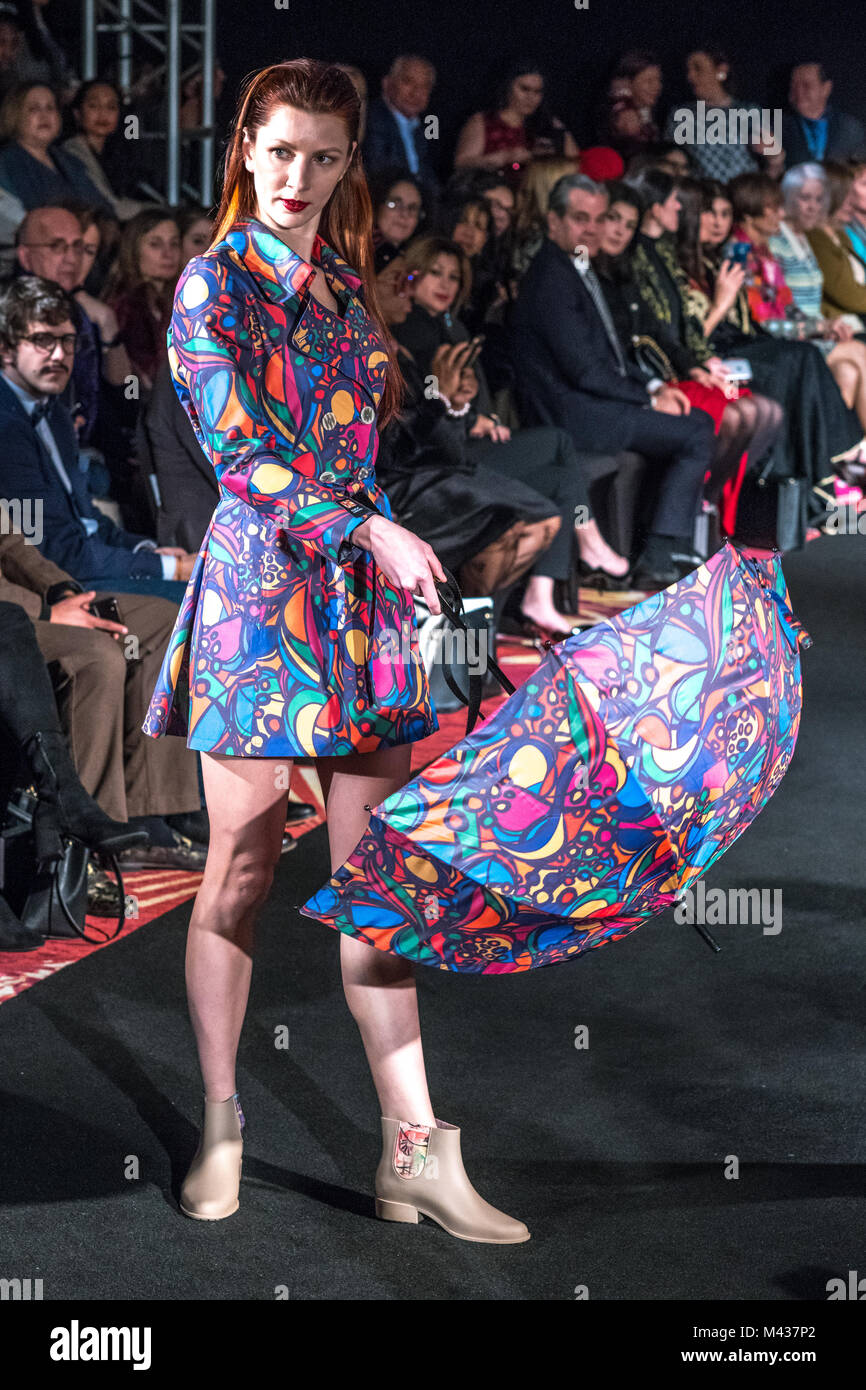 New York, USA, 13 Feb 2018. A model presents the rain collection of the ...