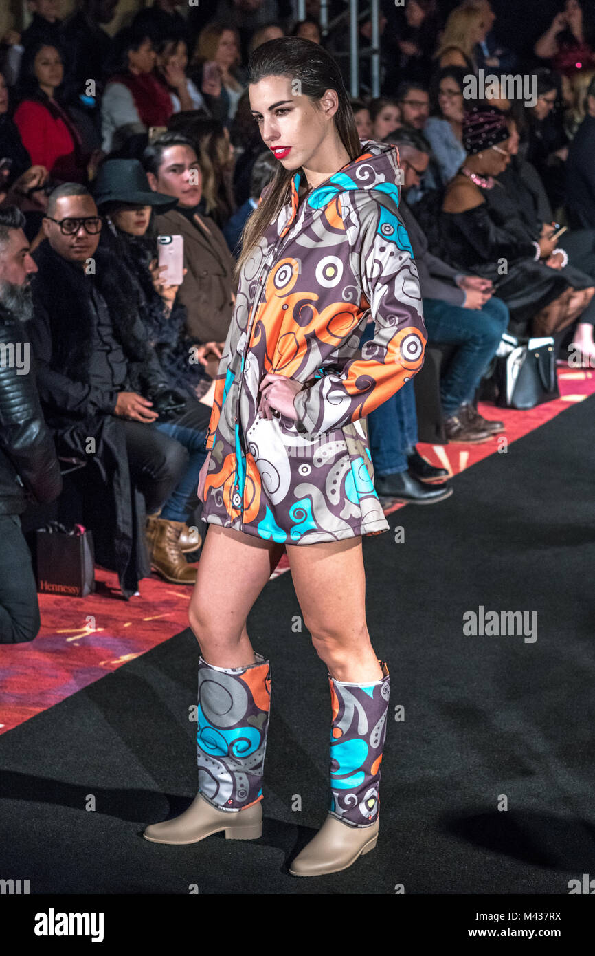 New York, USA, 13 Feb 2018. A model presents the rain collection of the ...