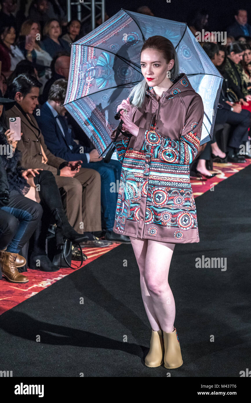 New York, USA, 13 Feb 2018. A model presents the rain collection of the ...
