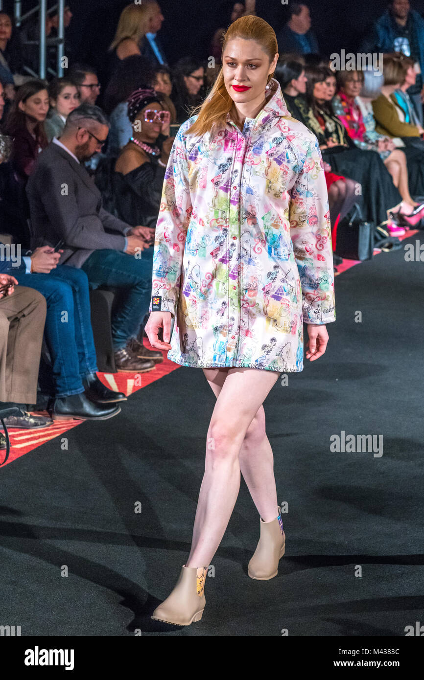 New York, USA, 13 Feb 2018. A models presents the rain collection of ...