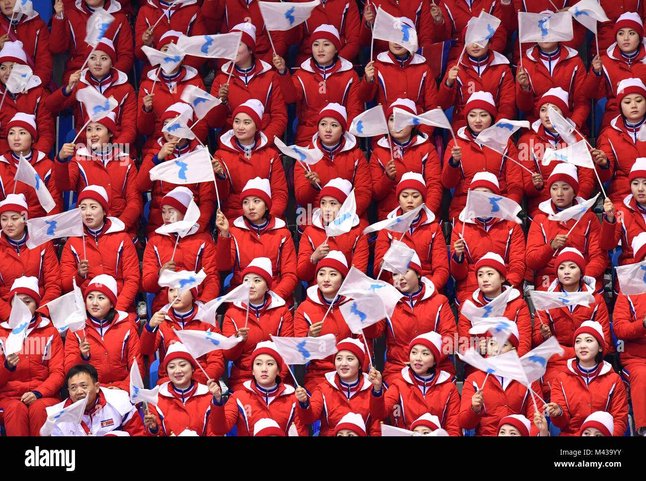 Gangneung, South Korea. 14th Feb, 2018. North Korean fans cheering from ...
