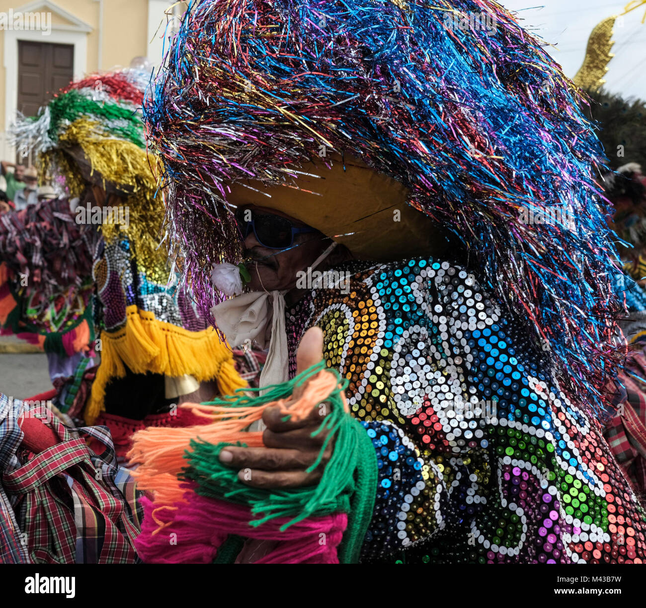 A man dressed in traditional carnival costume taking part in a carnival ...