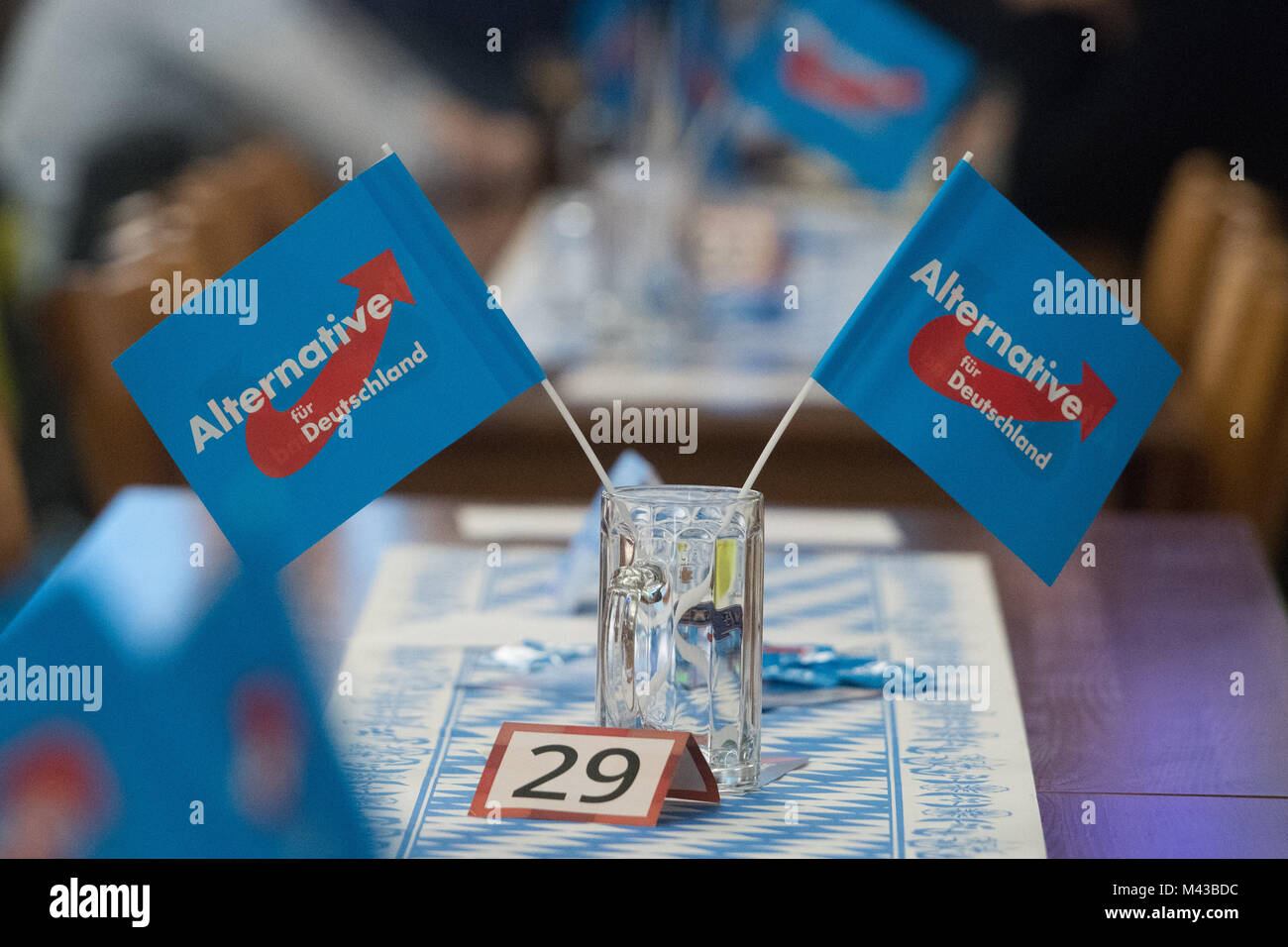 Osterhofen, Germany. 14th Feb, 2018. Little AfD flags on a table ...