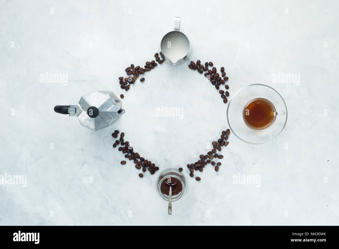 Clock dial with coffee brewing concept. Moka pot, espresso cup, milk ...