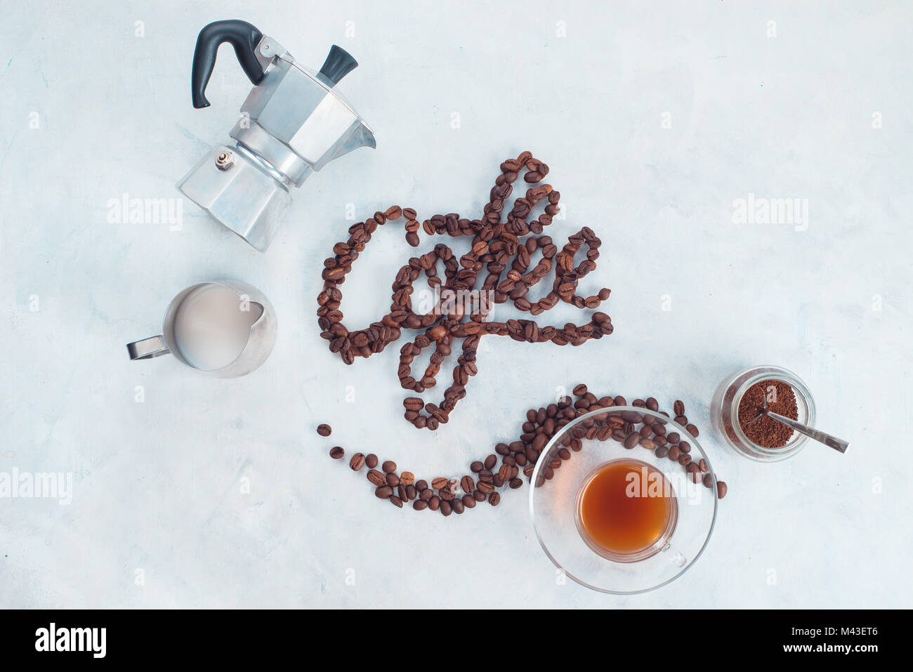Food lettering concept. Word Coffee made with coffee beans. High key ...