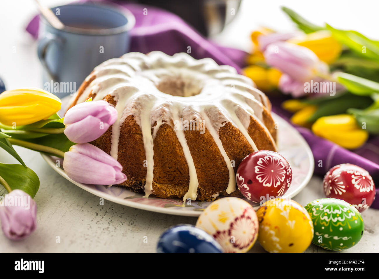 Easter Cake. Traditional ring marble cake withe easter decotation ...