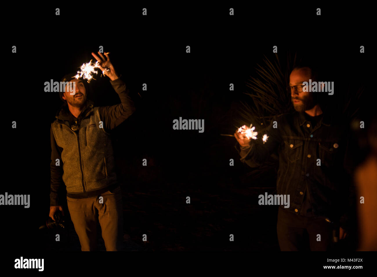 Men handle sparklers at Joshua Tree National Park in California Stock ...