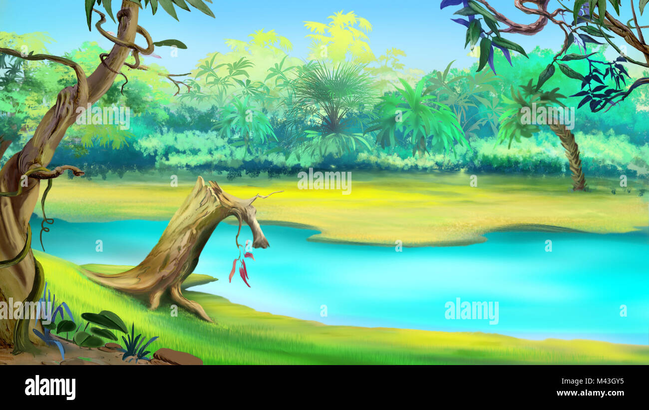 Small River in the Tropical Jungle in a sunny day. Digital Painting ...