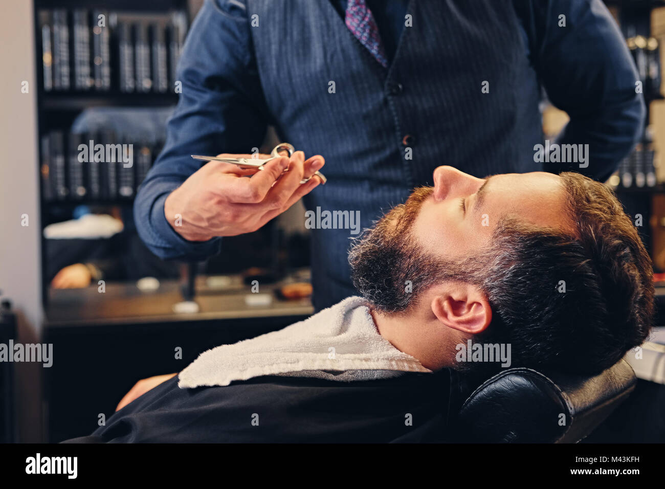 Stylish barber grooming a man's beard in a saloon Stock Photo - Alamy