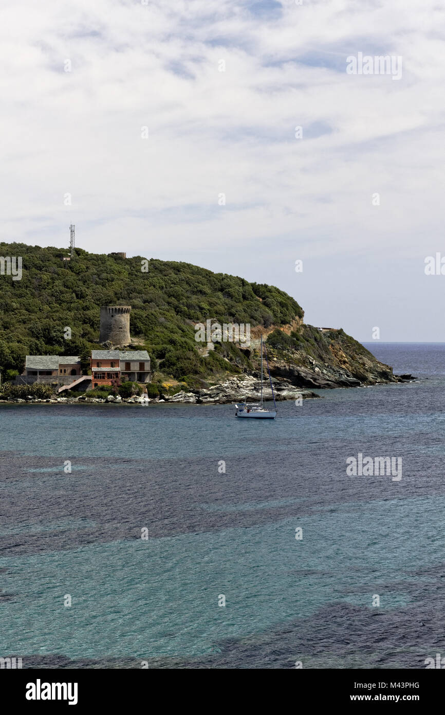 Marine de Meria, restored genoese tower, Corsica Stock Photo - Alamy