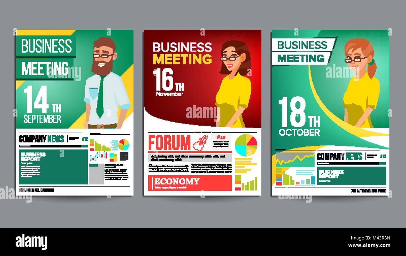 Business Meeting Poster Set Vector. Businessman And Business Woman ...