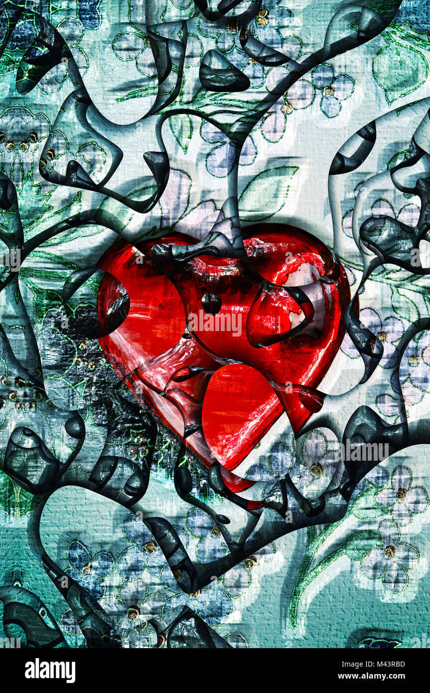damaged love concept, with a heart shape broken in many shapes Stock ...