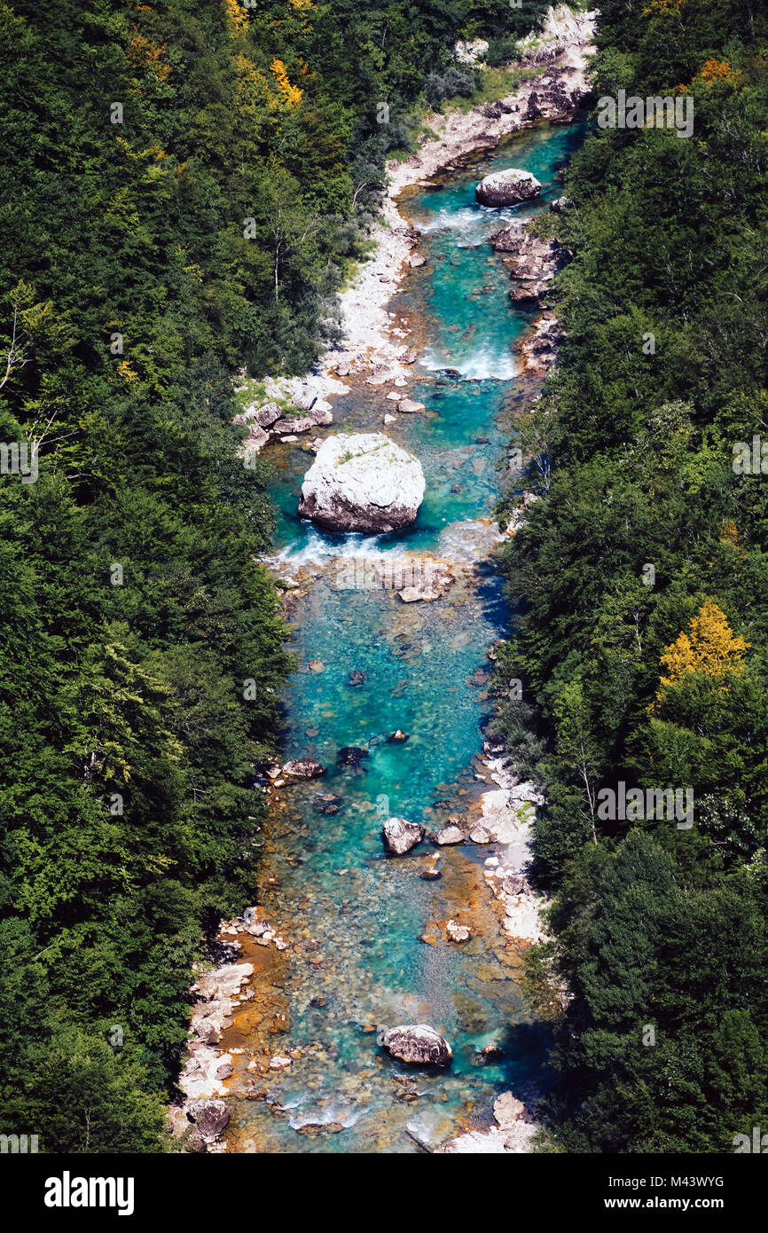 Aerial view of Tara River Canyon looked from Djurdjevica Tara Bridge ...