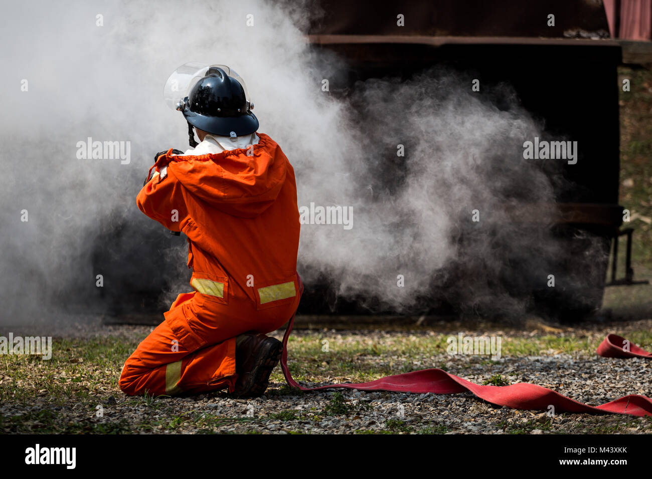 Firefighters training, Team practice to fighting with fire in emergency ...