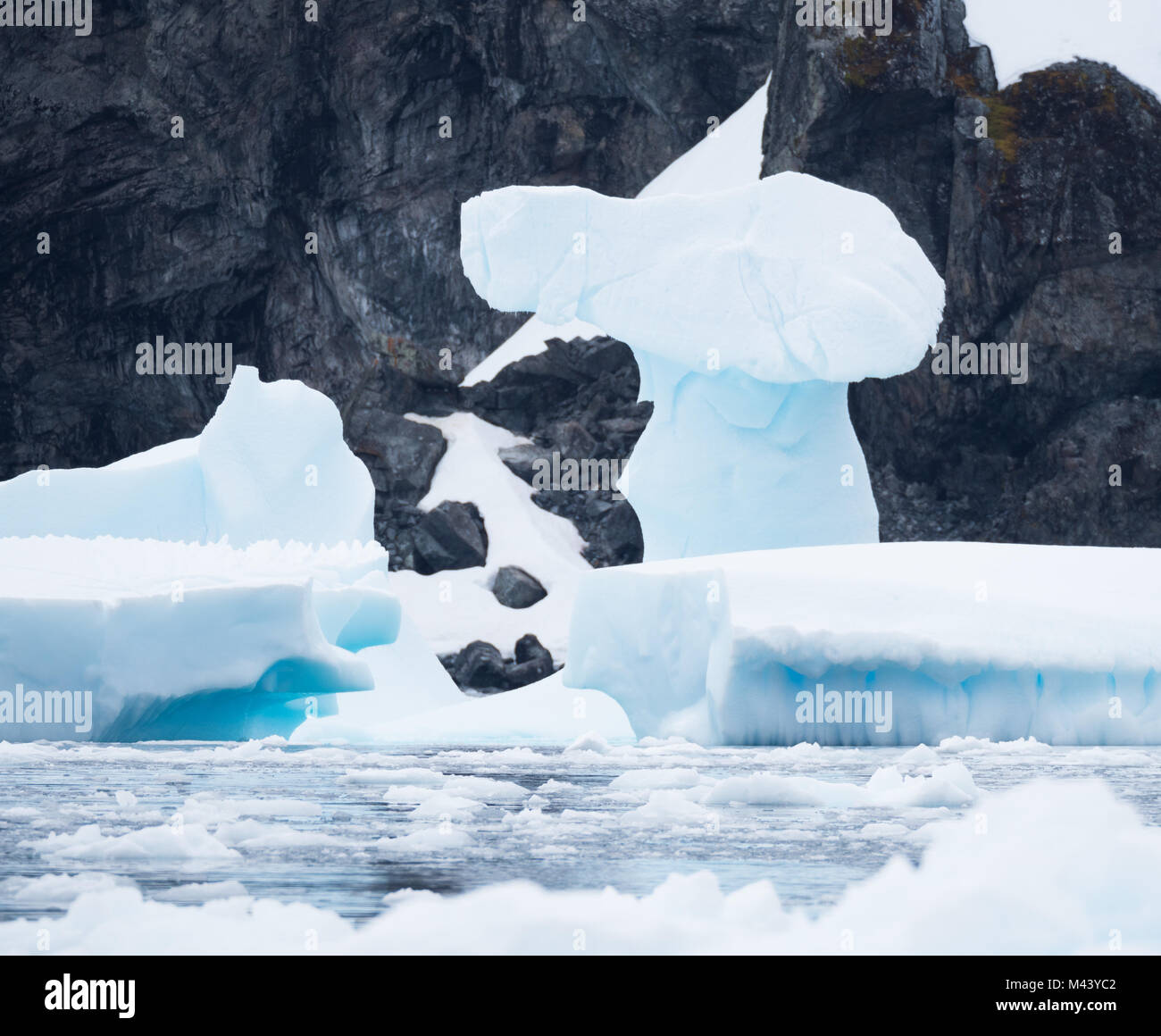 An odd ice formation on an light blue iceberg with the rugged rocks of ...