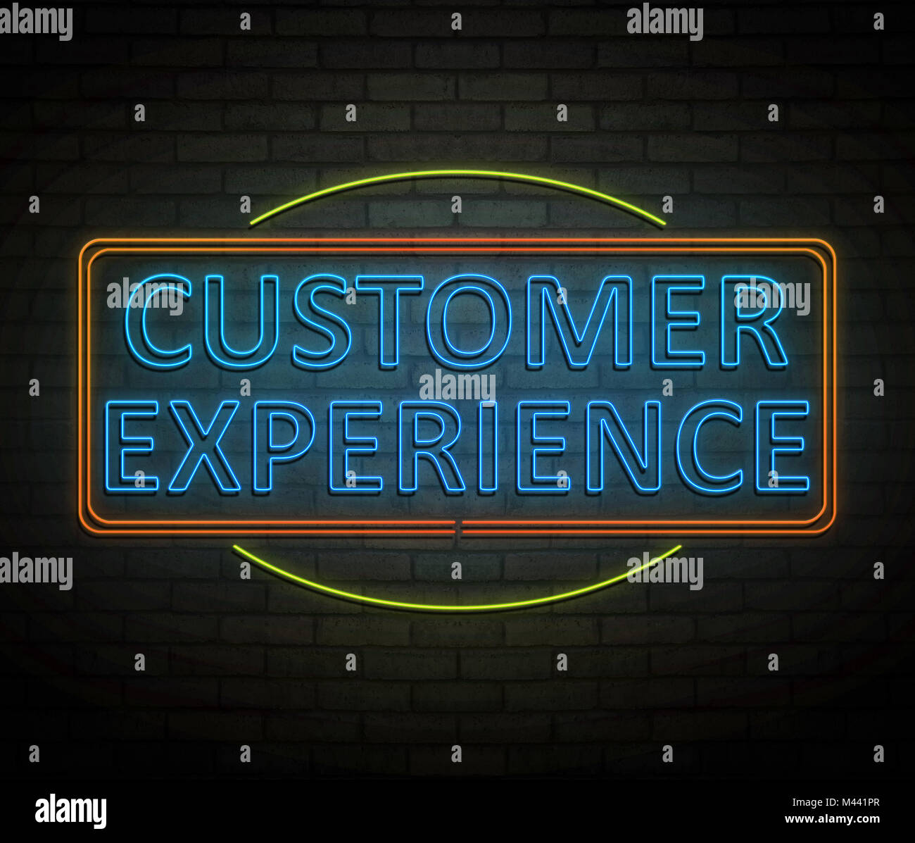 3d Illustration depicting an illuminated neon sign with a customer ...