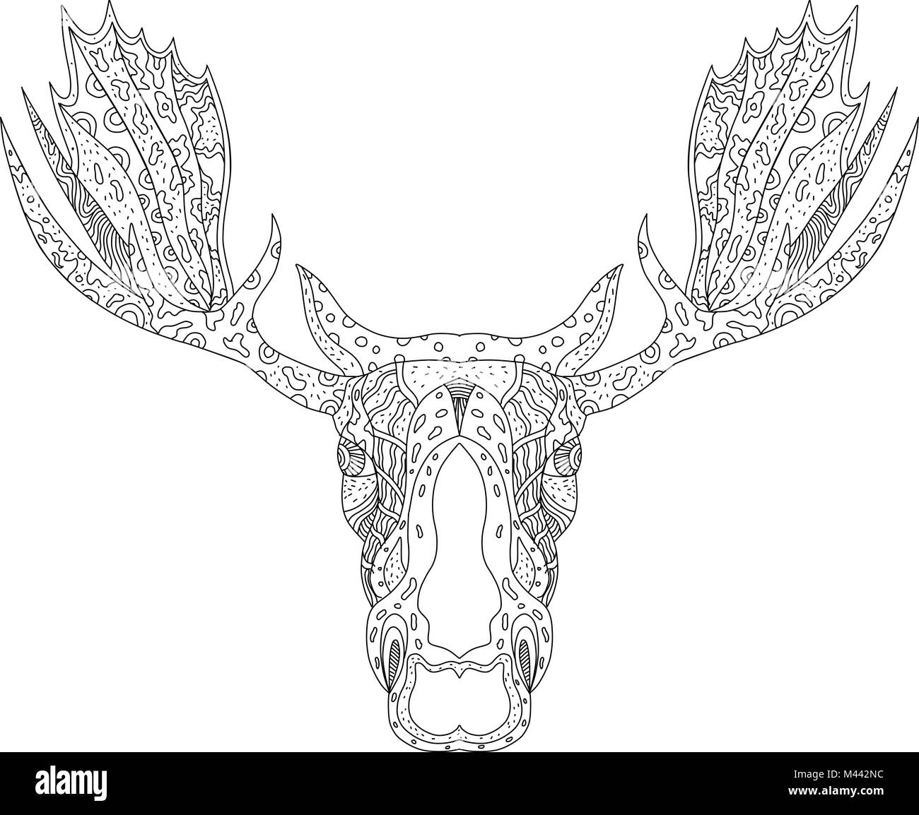 Doodle art illustration of a bull moose or elk head with viewed from ...