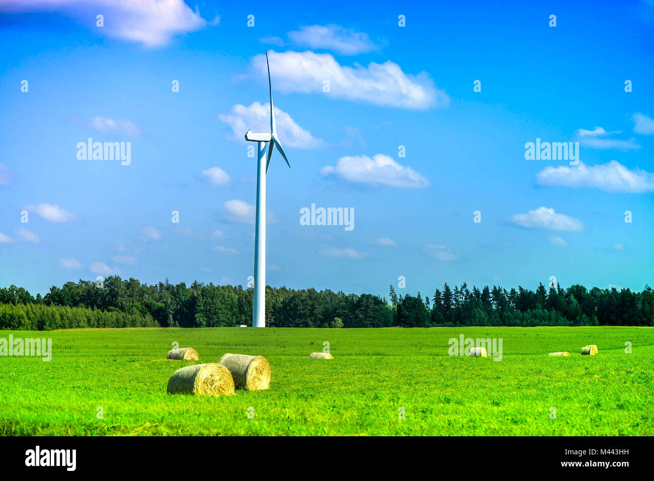 Summer scene of wind turbine in the middle of meadow full of straw ...