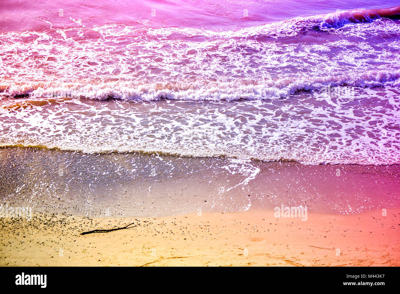 Serene seashore beach. Floating water, waves and white foam floating ...