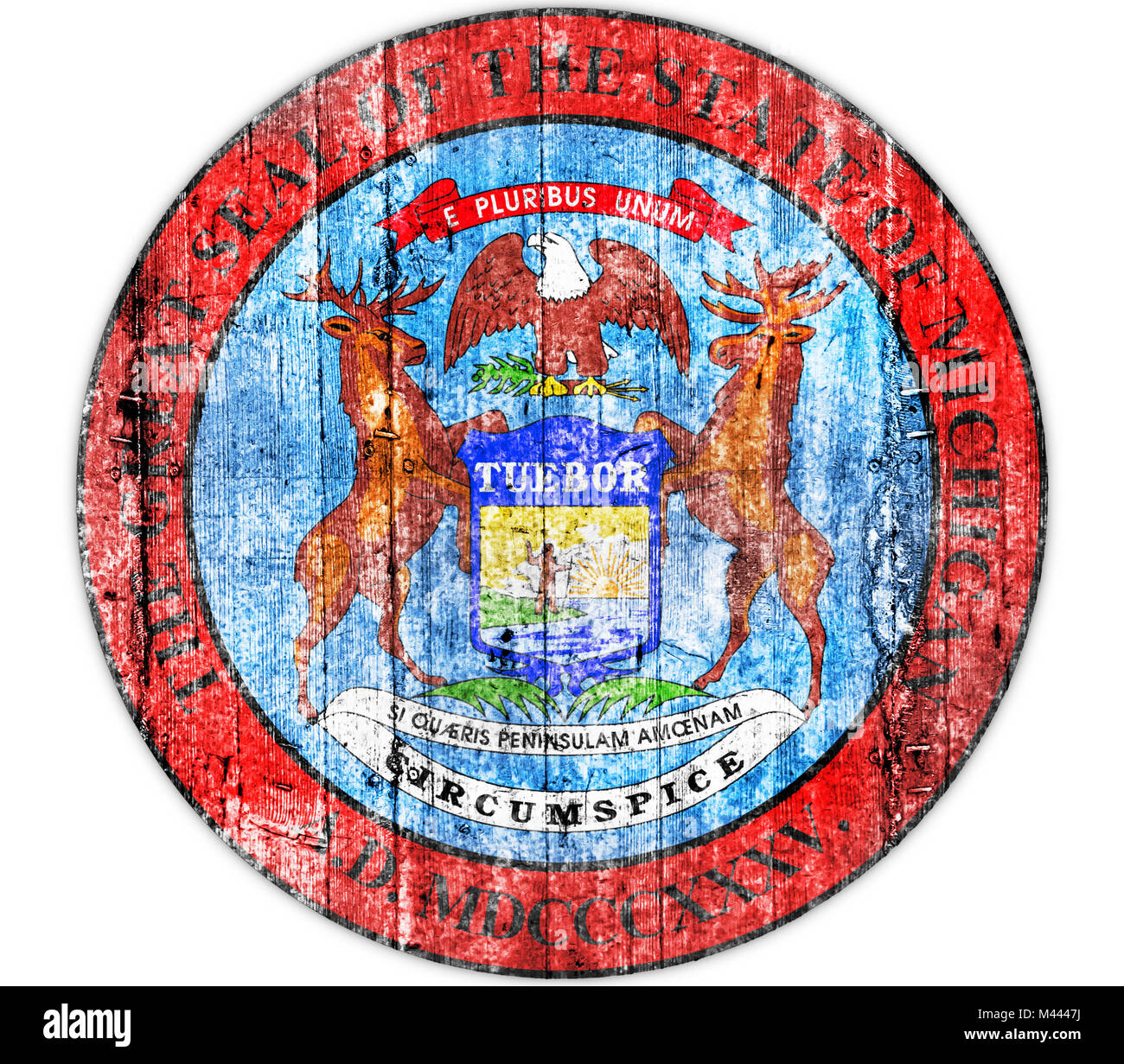 Michigan seal US state painted on concrete flag Stock Photo - Alamy