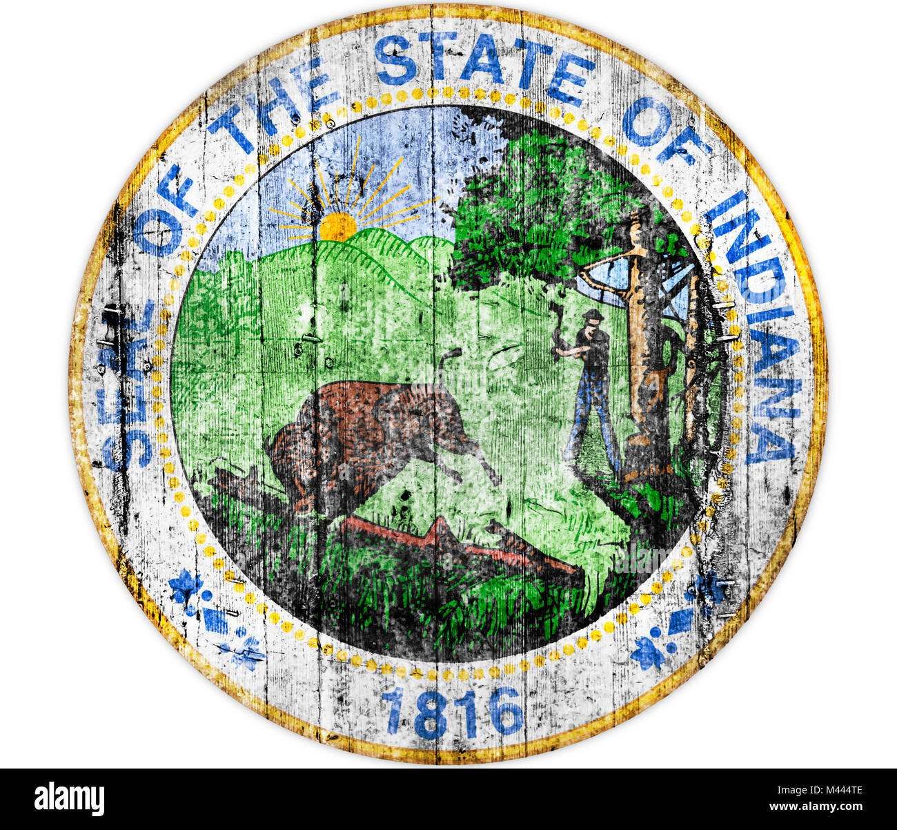 Indiana seal US state painted on concrete flag Stock Photo - Alamy