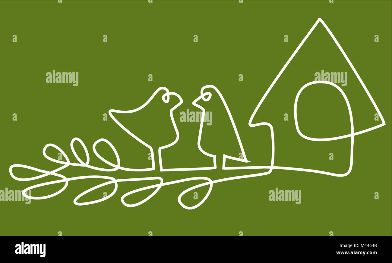 One line drawing background with bird lovers on the tree Stock Vector ...