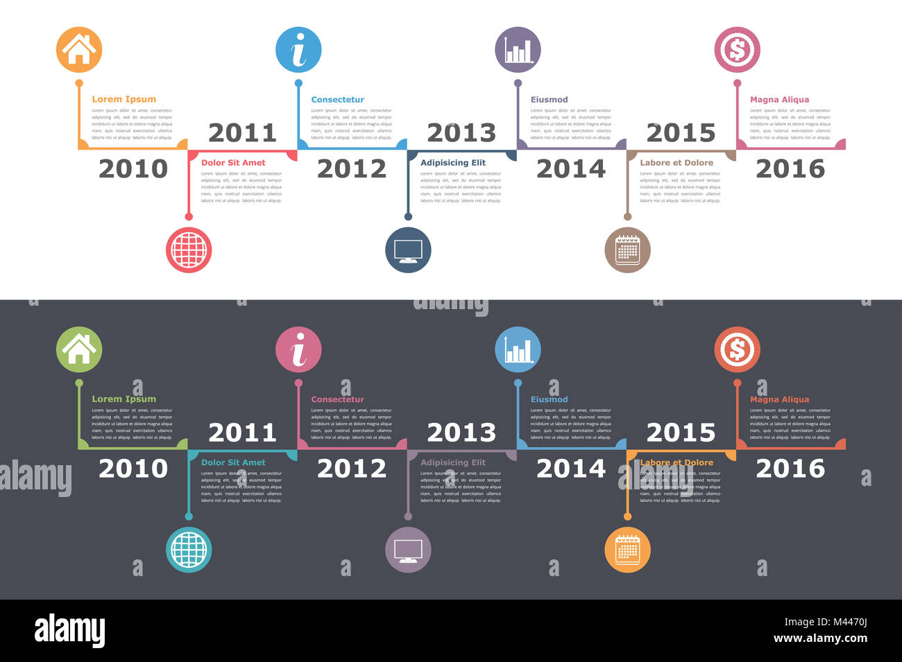 Timeline infographics on white and dark background, workflow or process ...
