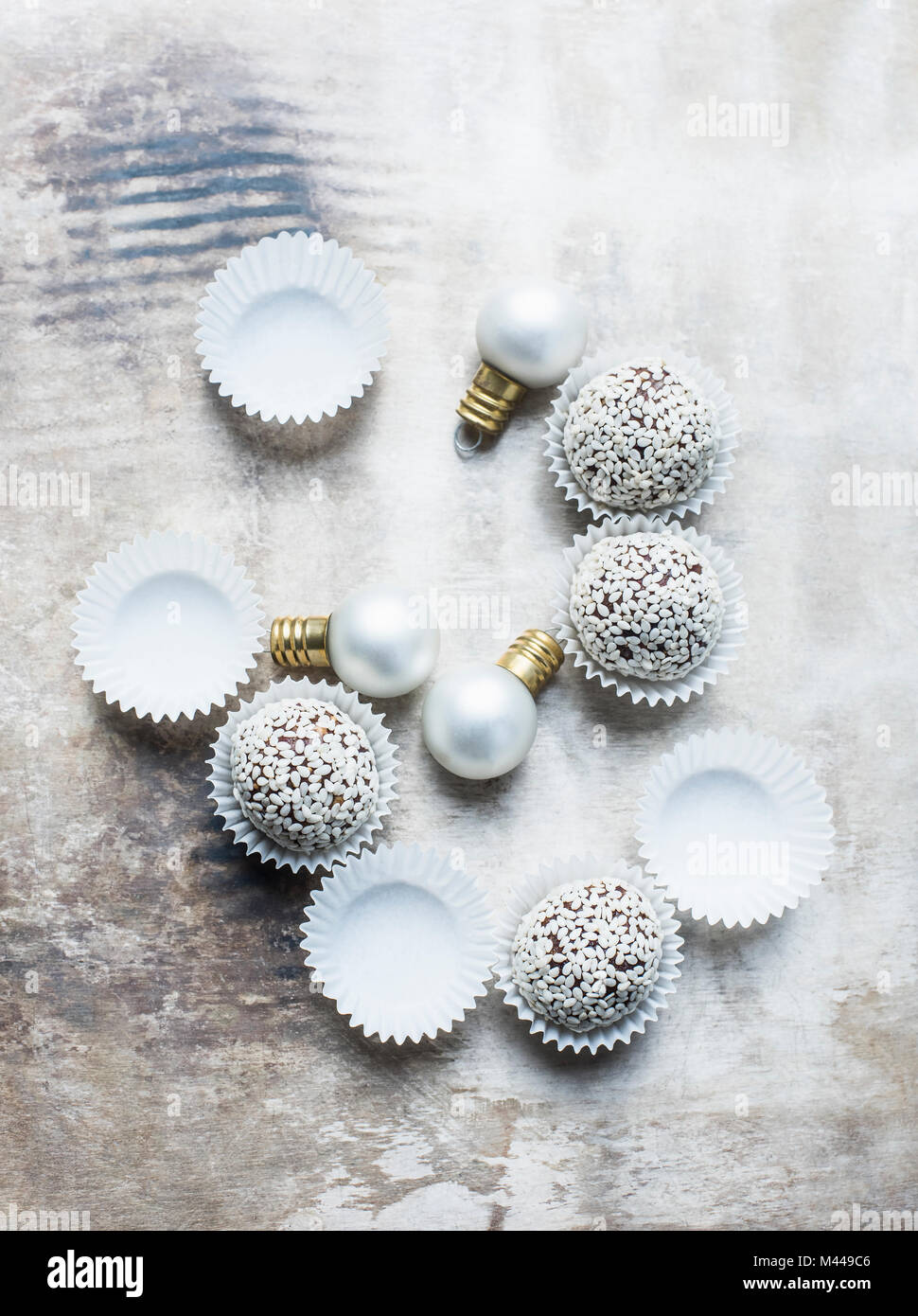 Healthy truffle balls with Christmas decorations Stock Photo - Alamy
