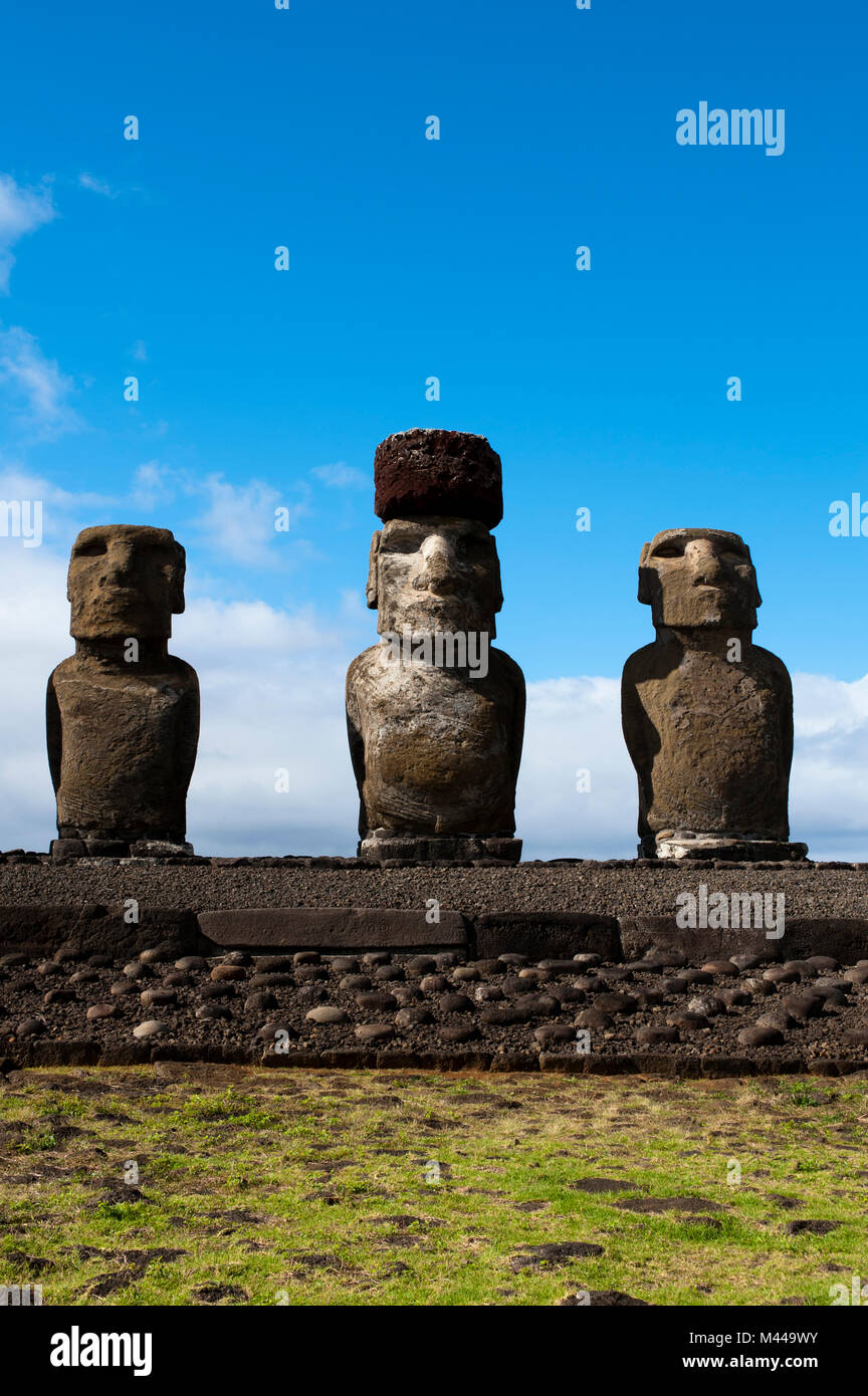 Ahu Tongariki, three moai statues on Easter Island Stock Photo - Alamy