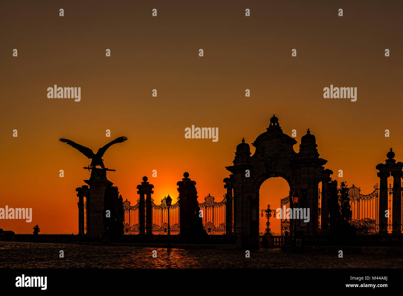 Sunrise with statue of the mythical Hungarian eagle,Turul madára szobor ...