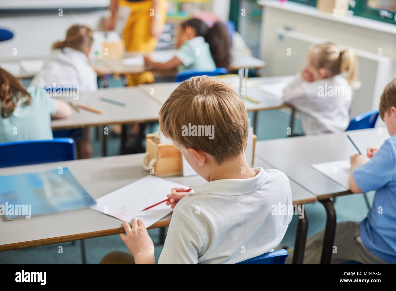 Primary schoolboy and girls doing schoolwork at classroom desks, rear ...