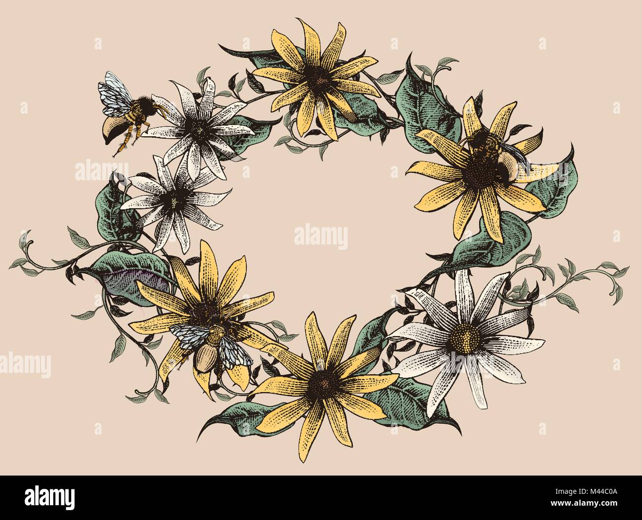 Retro elegant floral design, etching shading flowers wreath isolated on ...