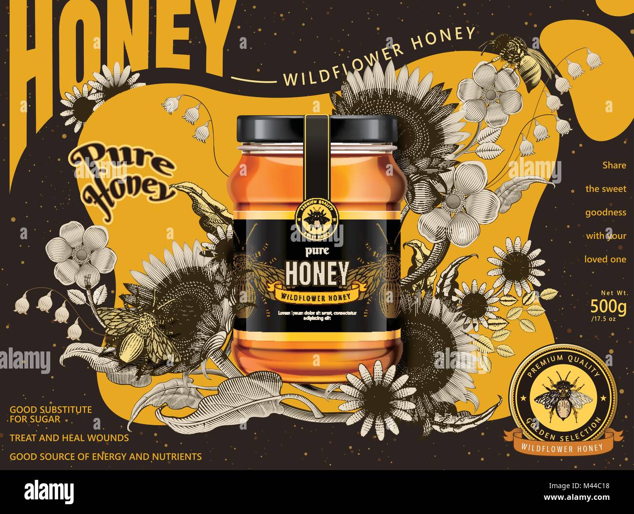 Modern honey ads, glass jar in 3d illustration isolated on retro ...