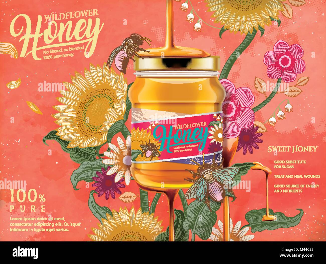 Attractive honey ads, honey dripping from top on the glass jar in 3d ...