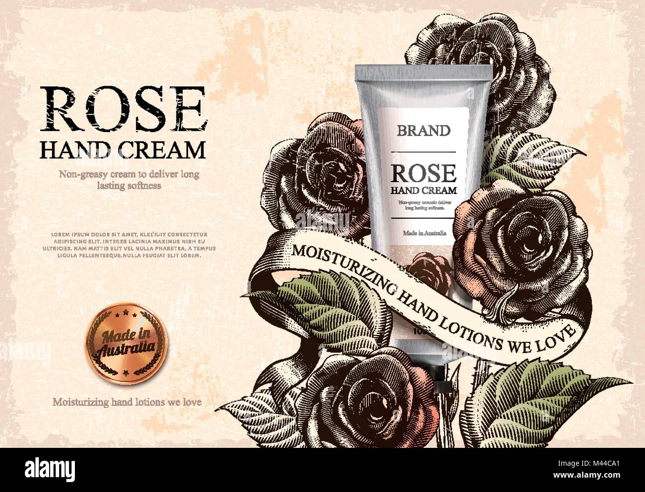 Rose hand cream ads, exquisite hand cream product and golden label in ...