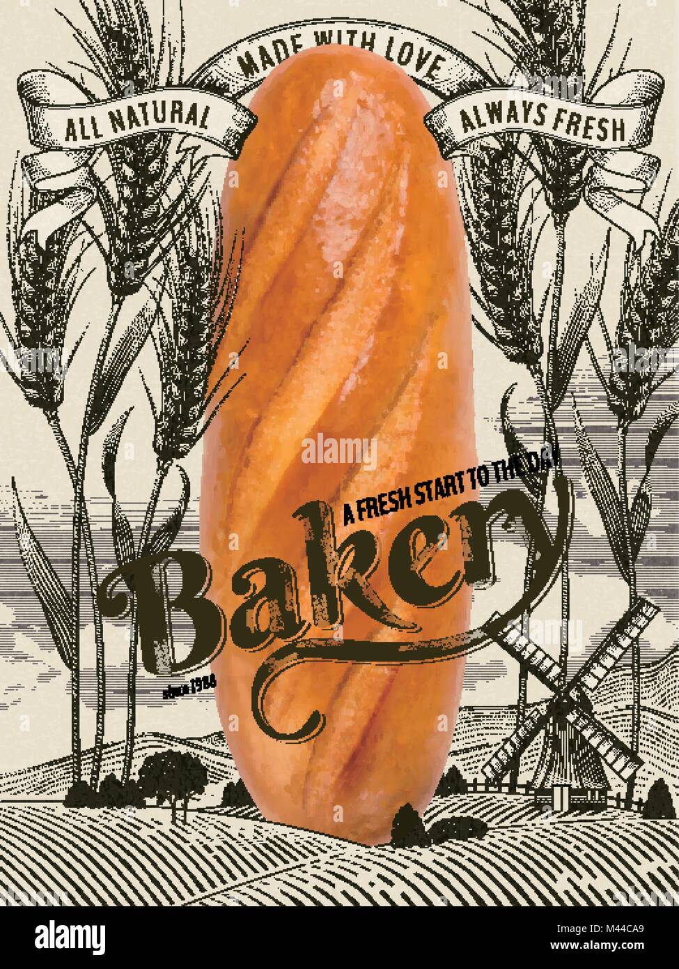 Retro Bakery ads, delicious giant french bread in 3d illustration with ...