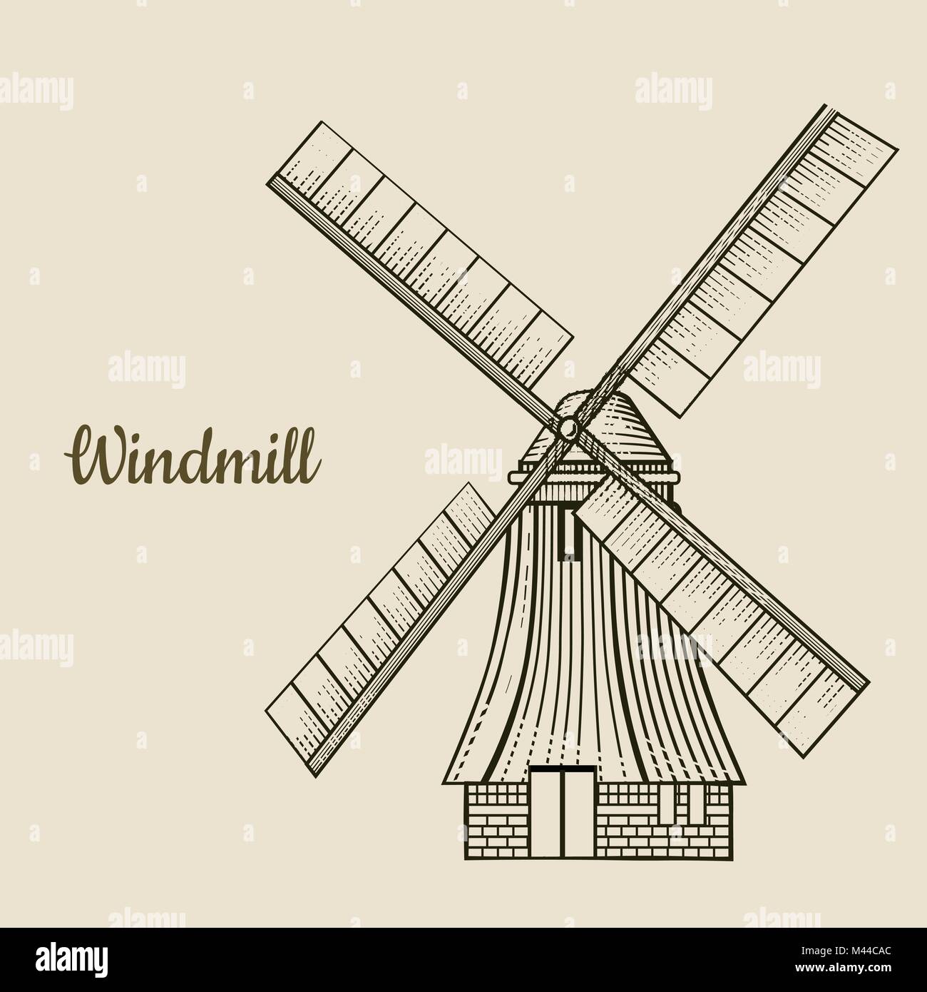 Retro windmill element, etching shading and ink drawing style on beige ...