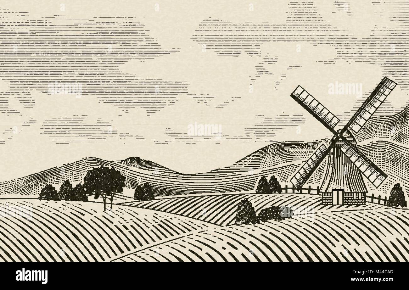 Retro countryside scenery, field and windmill elements in etching ...