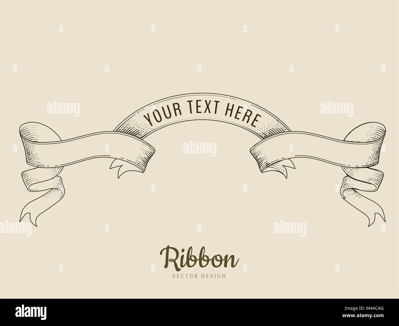 Retro ribbon and banner element, etching shading and ink drawing style ...