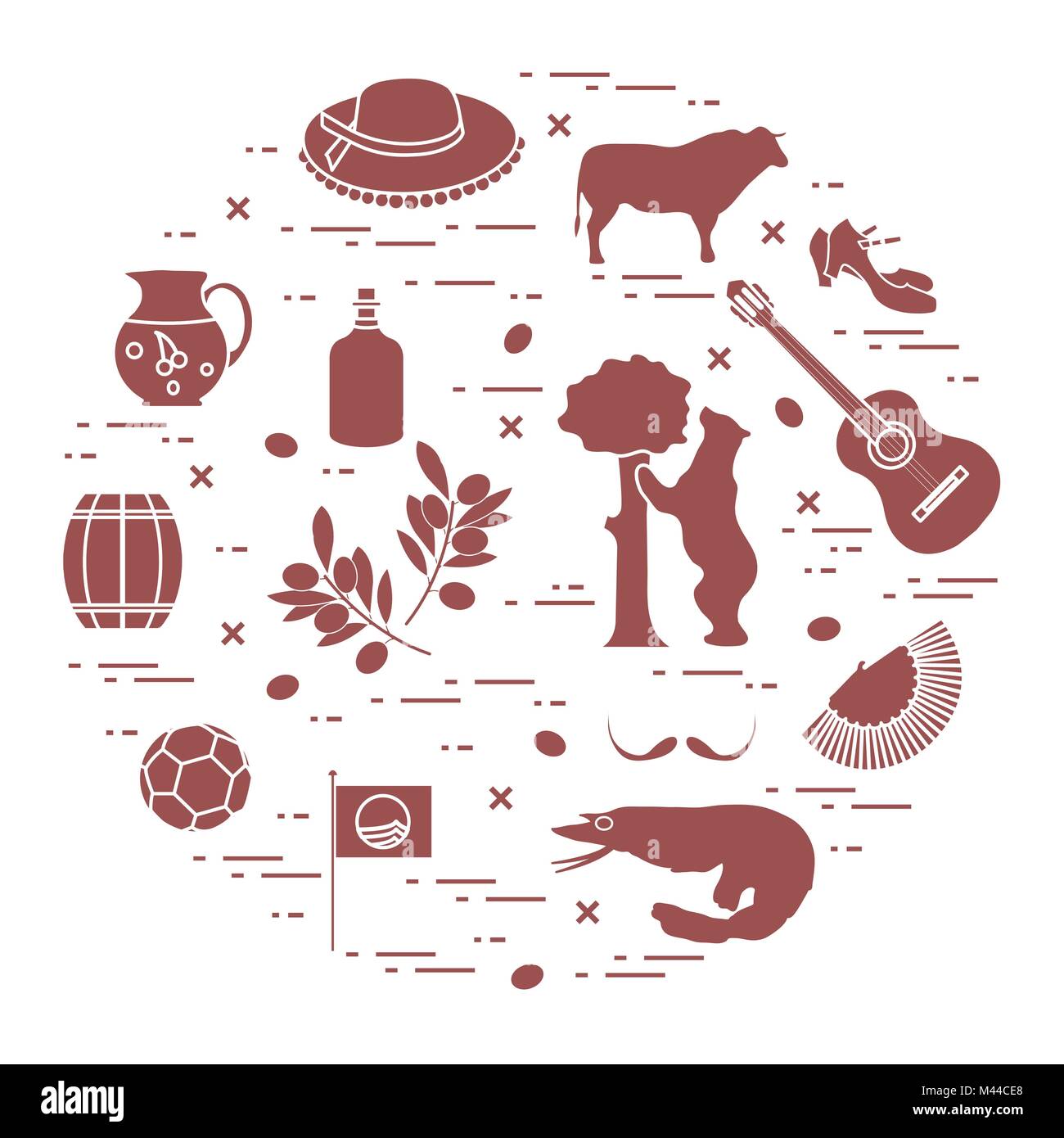 Vector illustration with various symbols of Spain arranged in a circle ...
