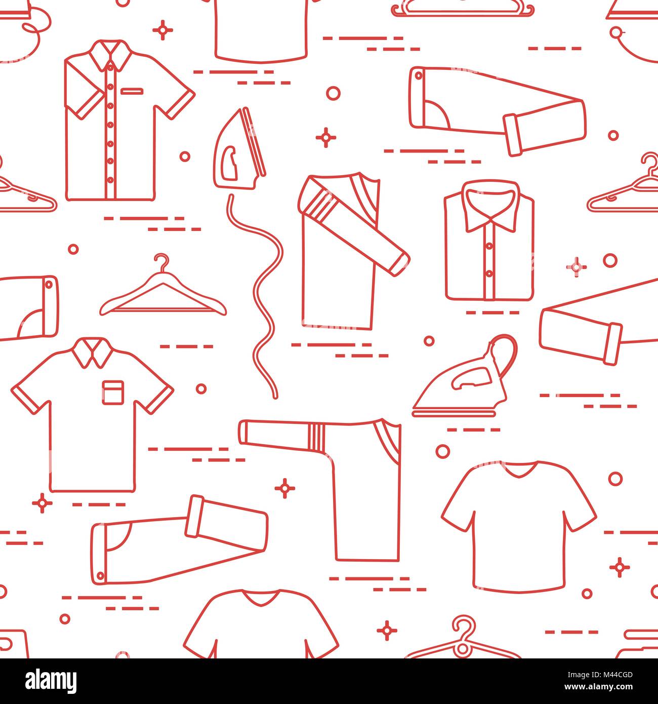 Seamless pattern with irons, clothes hangers and different clothes ...
