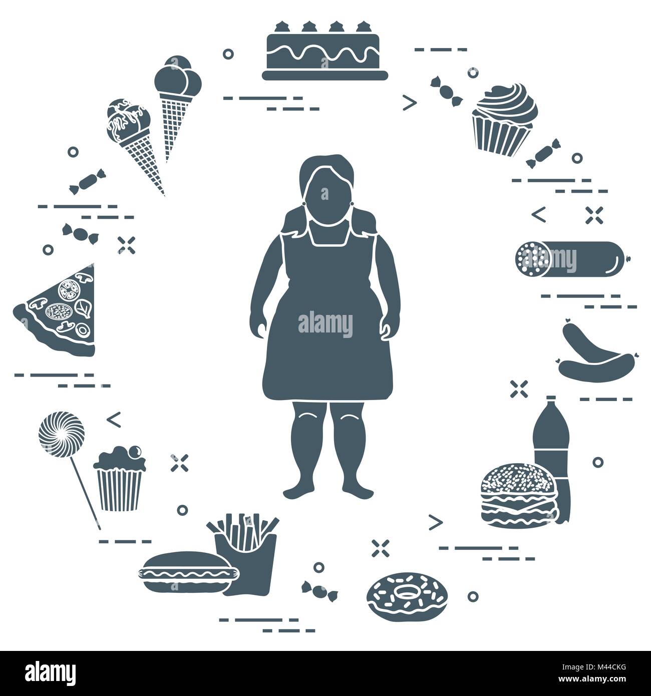 Fat girl with unhealthy lifestyle symbols around her. Harmful eating ...