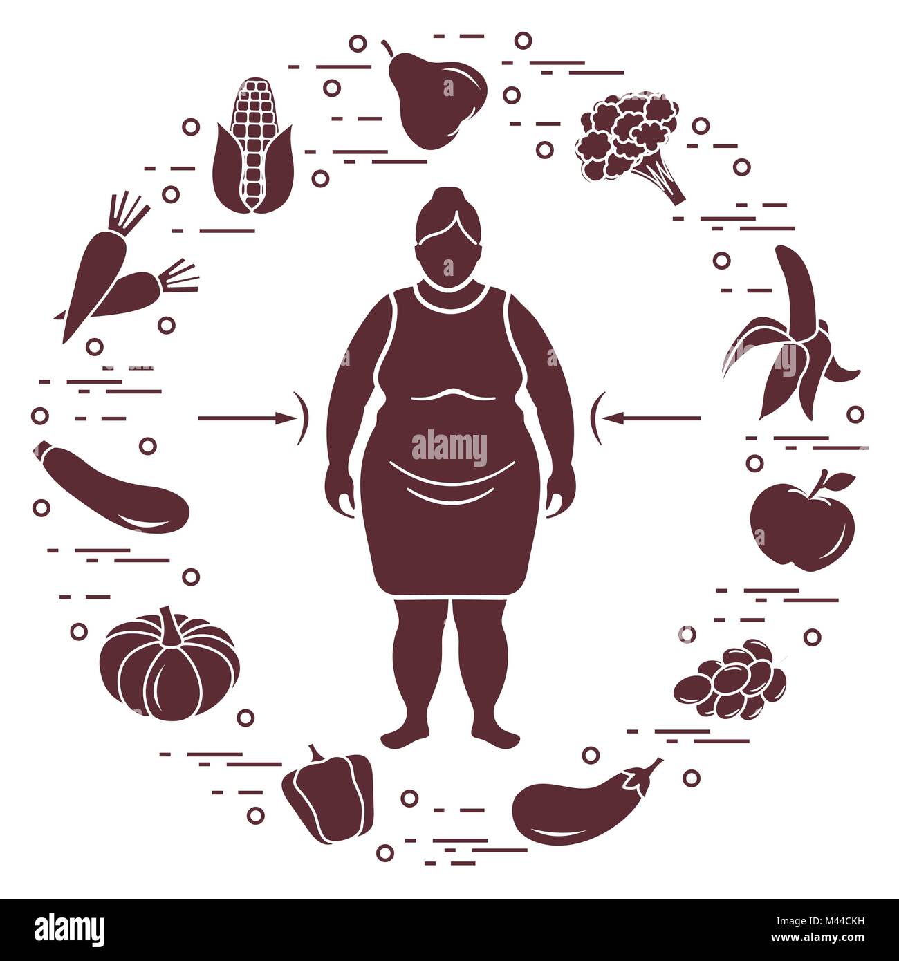 Fat woman with healthy food around her. Healthy eating habits. Design ...