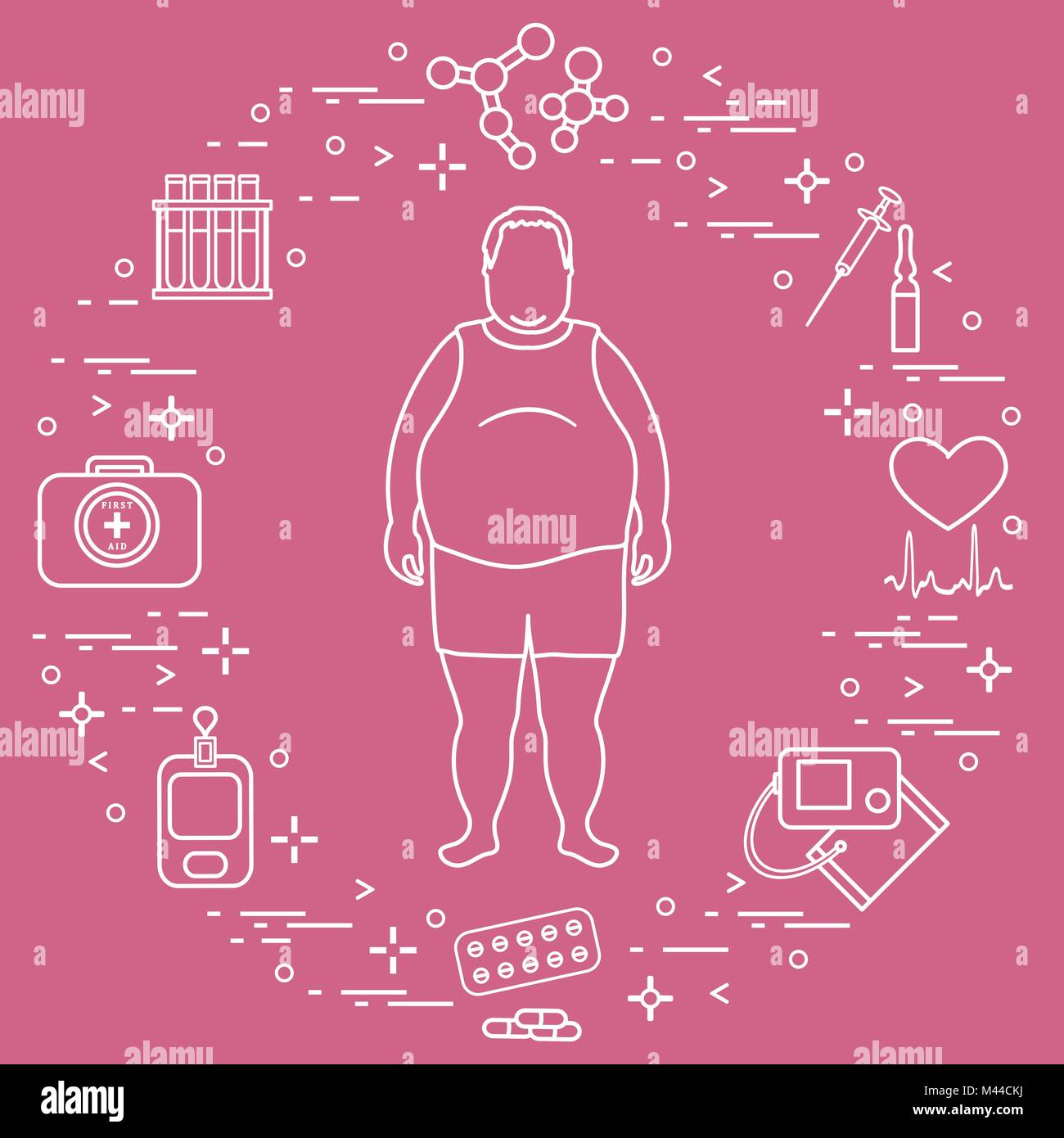 Fat man with medical devices, tools and drugs around him. Health and ...
