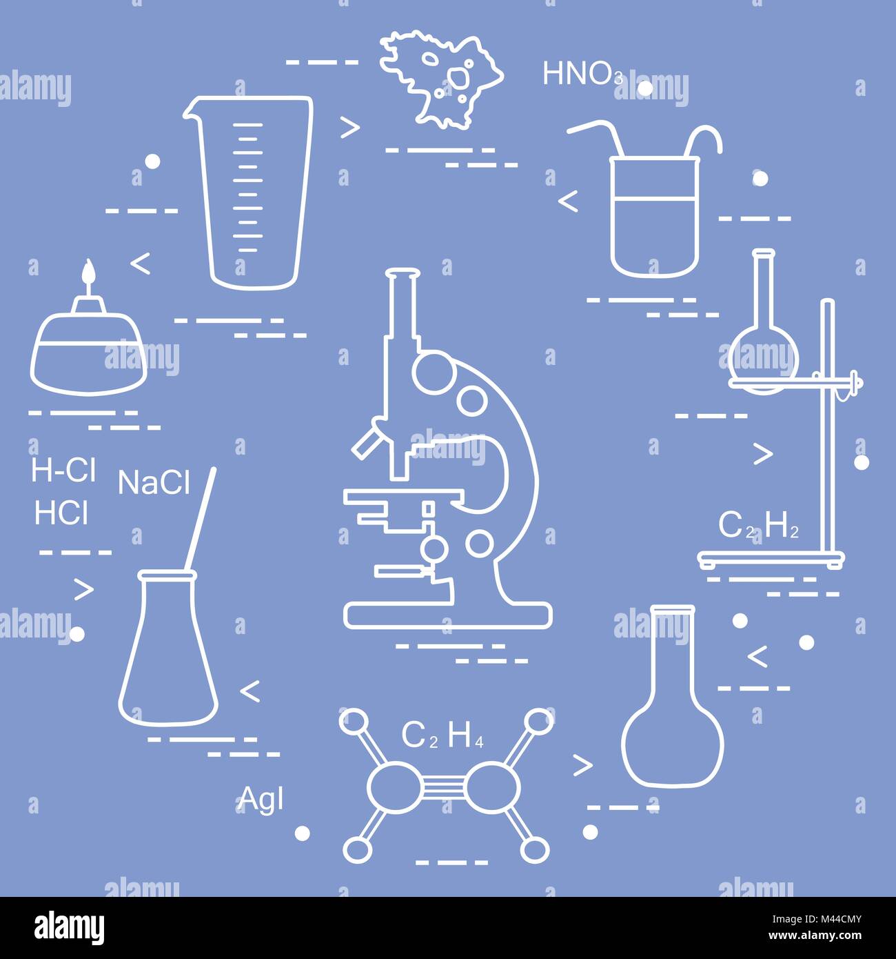 Chemistry scientific, education elements: microscope, flasks, tripod ...