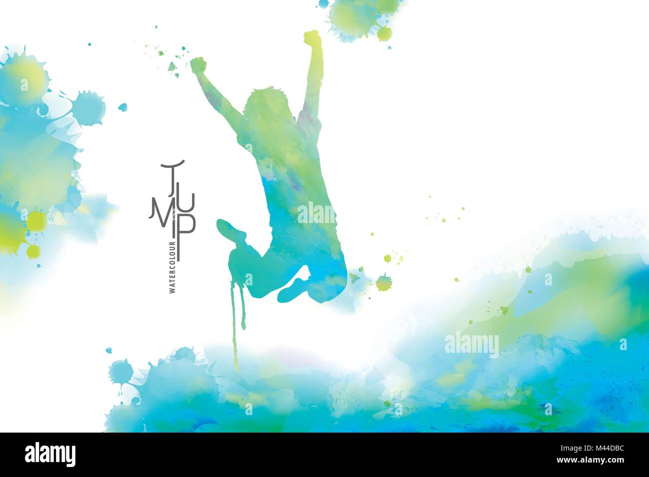 Watercolor jump man, man in victory pose with watercolor paint strokes ...